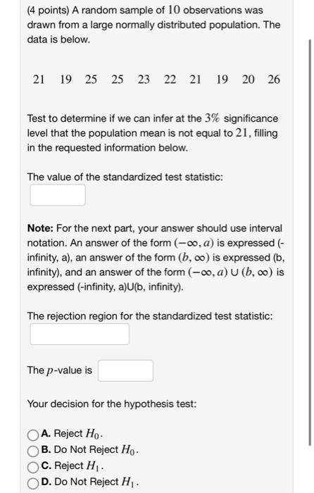 Solved (4 points) A random sample of 10 observations was | Chegg.com