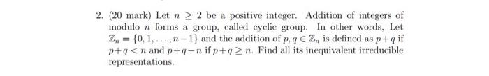 Solved Let n ≥ 2 be a positive integer. Addition of integers | Chegg.com