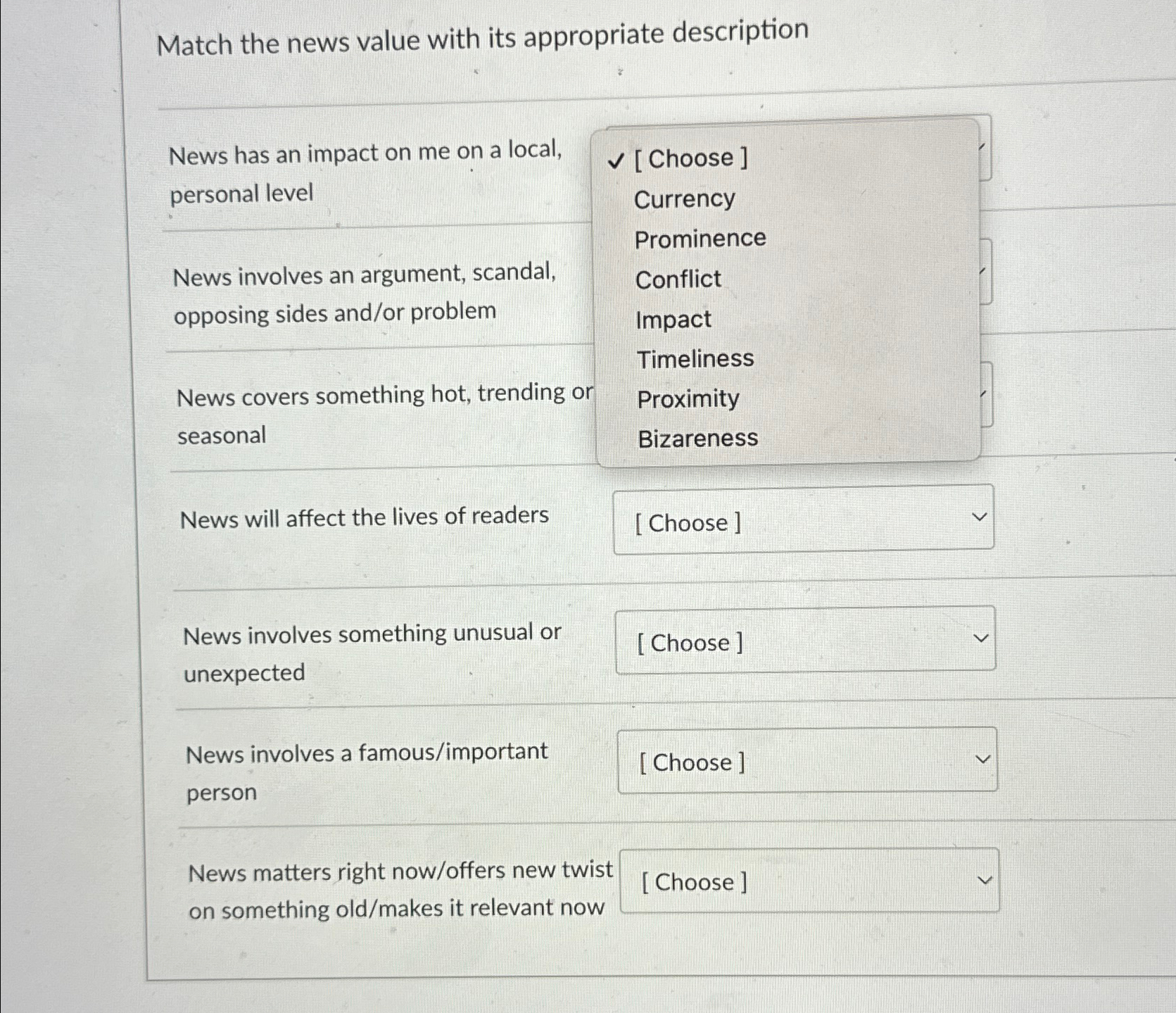 Solved Match the news value with its appropriate | Chegg.com