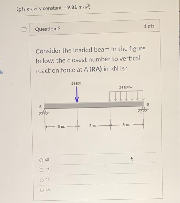 Solved (g is gravity constant = 9.81 m/s2) 1 pts Question 3 | Chegg.com