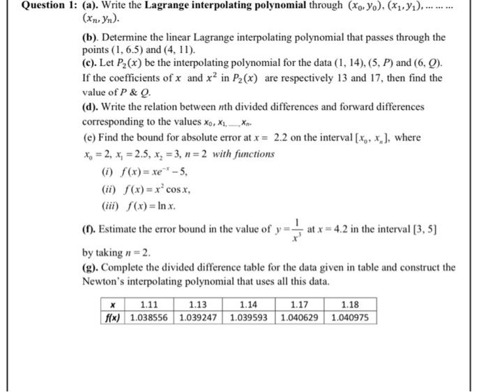 Solved 1: (a). Write the Lagrange interpolating polynomial | Chegg.com