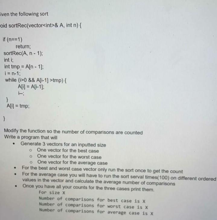 Solved iven the following sort roid sortRec(vector& A, int | Chegg.com