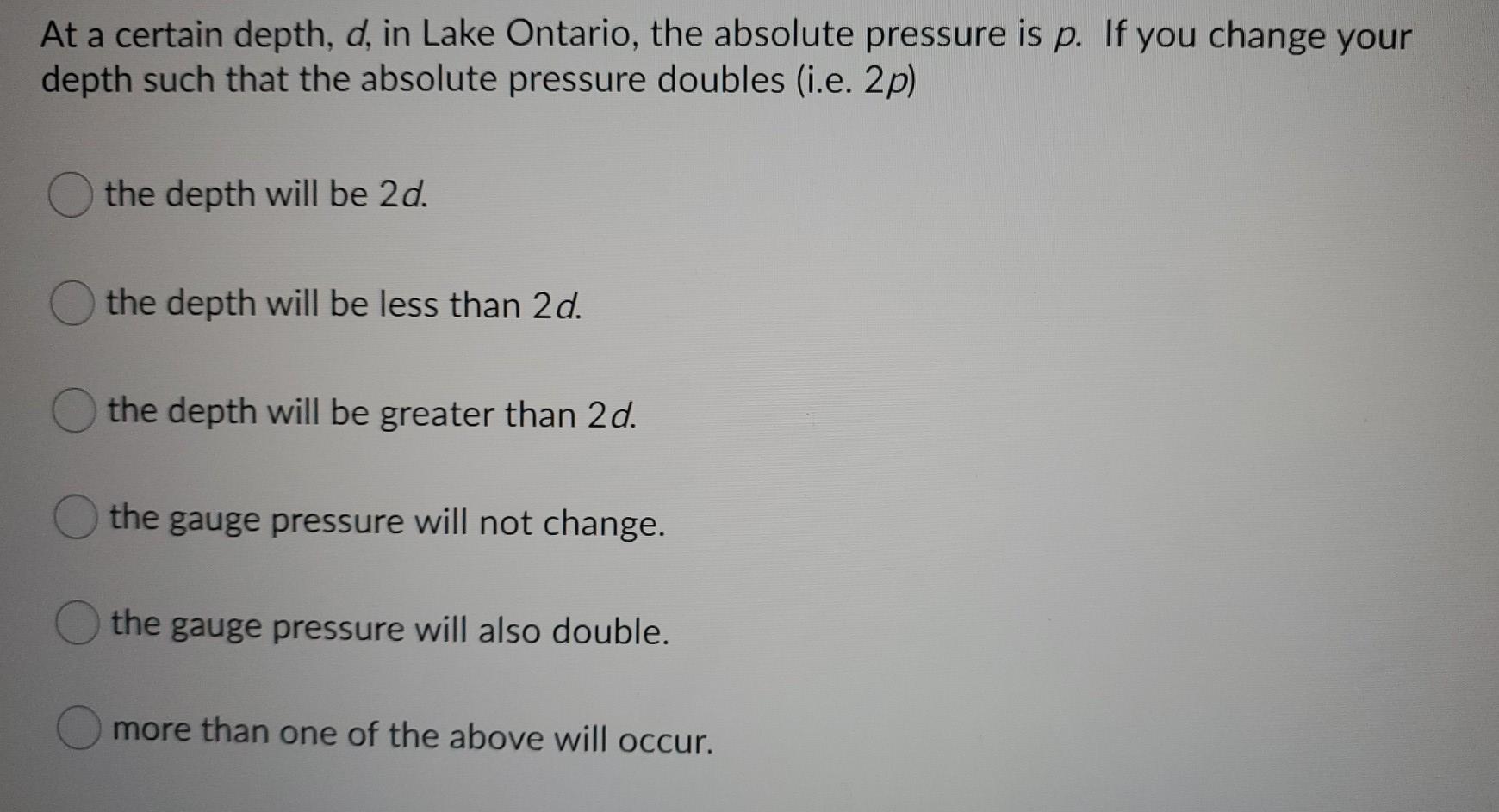 Solved At a certain depth, d, in Lake Ontario, the absolute | Chegg.com