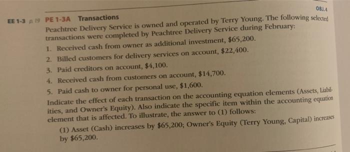 Solved OB..4 EE 1-3 19 PE 1-3A Transactions Peachtree | Chegg.com