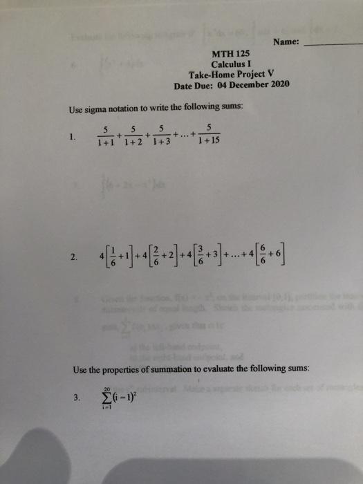 Solved Name: MTH 125 Calculus I Take-Home Project V Date | Chegg.com