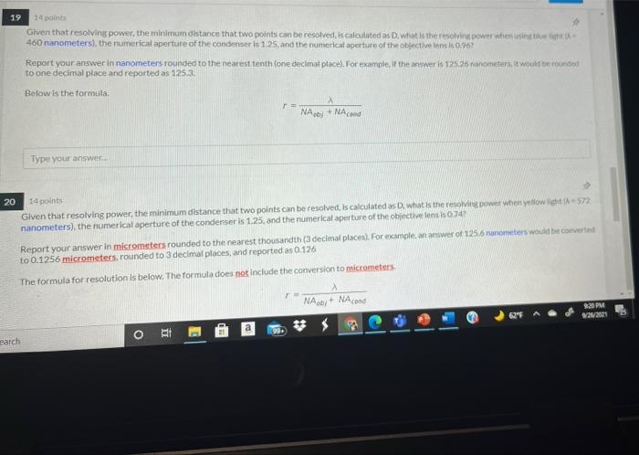Solved 19 34 points Given that resolving power, the minimum | Chegg.com