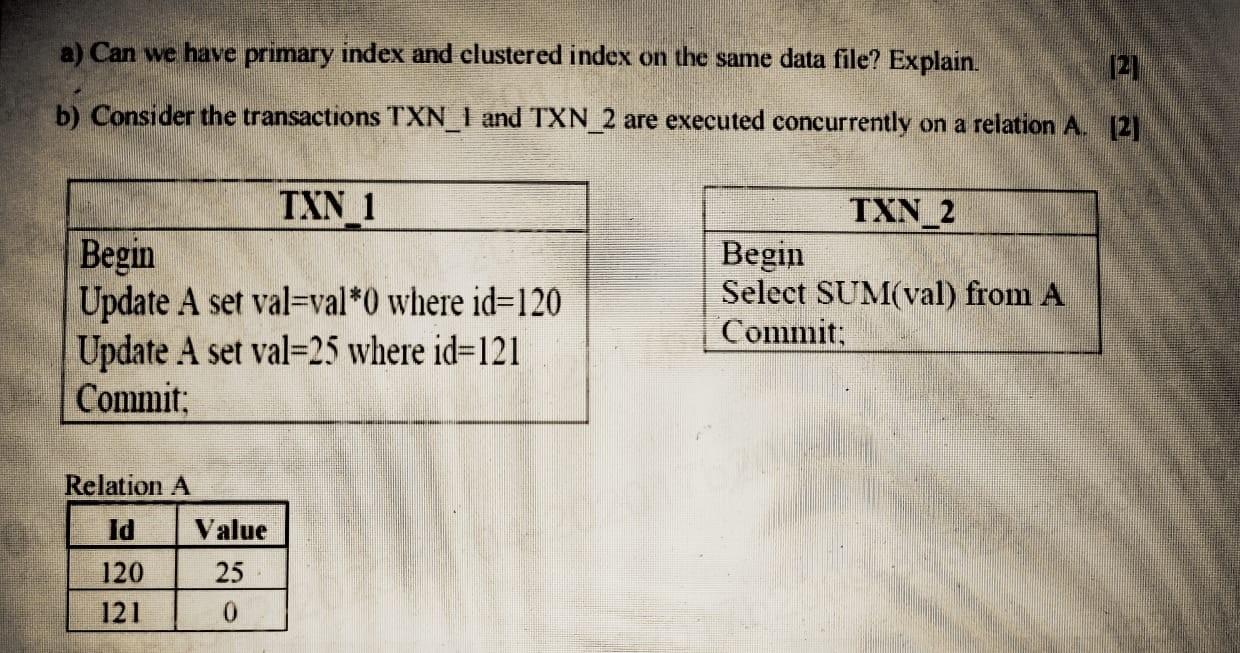 Solved a) Can we have primary index and clustered index on | Chegg.com