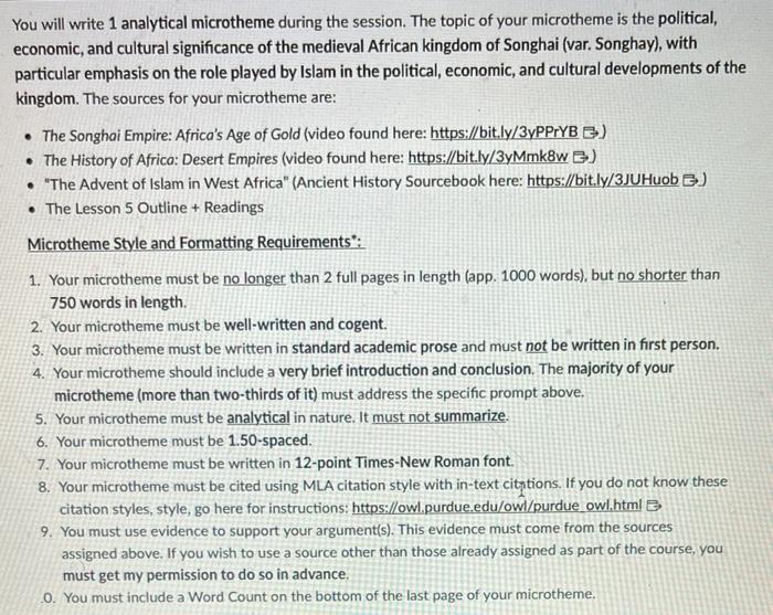 You will write 1 analytical microtheme during the | Chegg.com