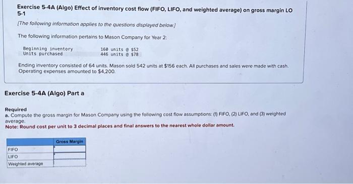 Solved Exercise 5-4A (Algo) Effect of inventory cost flow | Chegg.com