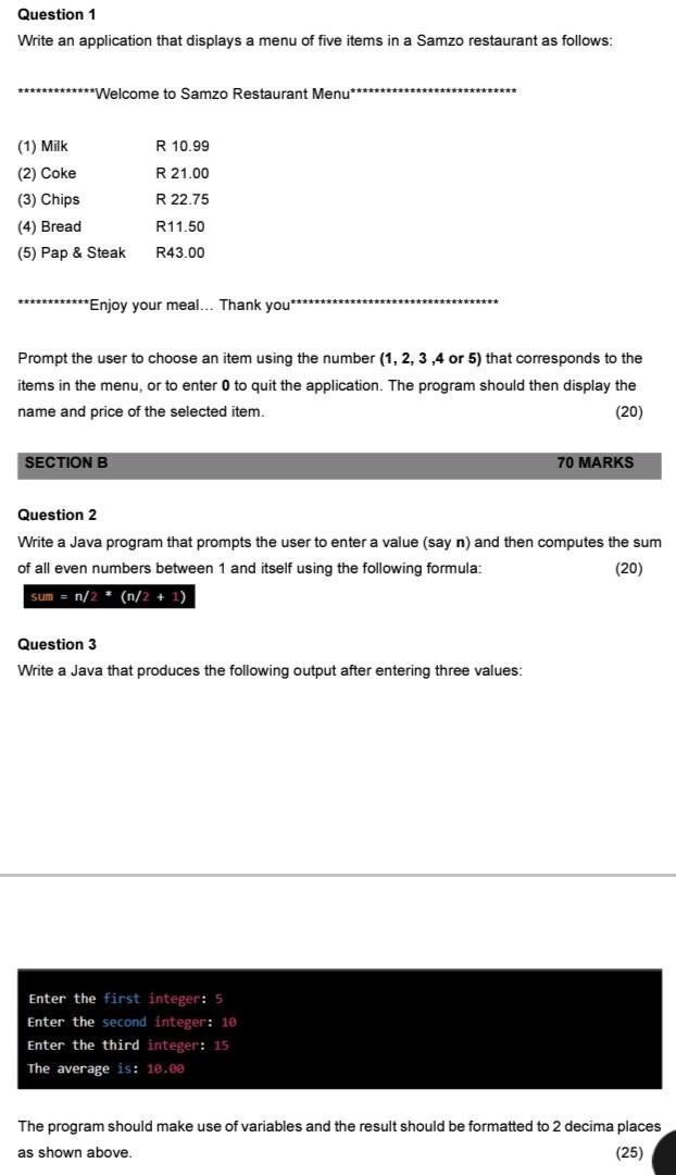 Solved Question 1 Write an application that displays a menu | Chegg.com