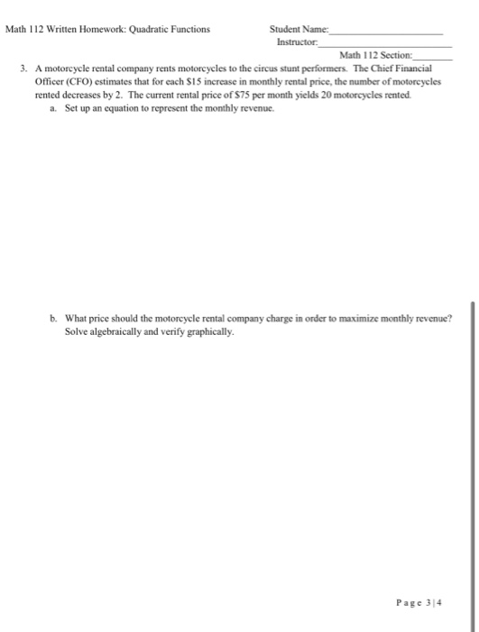 Solved Math 112 Written Homework: Quadratic Functions | Chegg.com