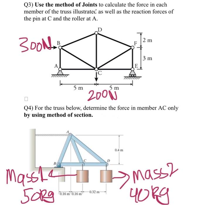 Solved Q3) Use the method of Joints to calculate the force | Chegg.com