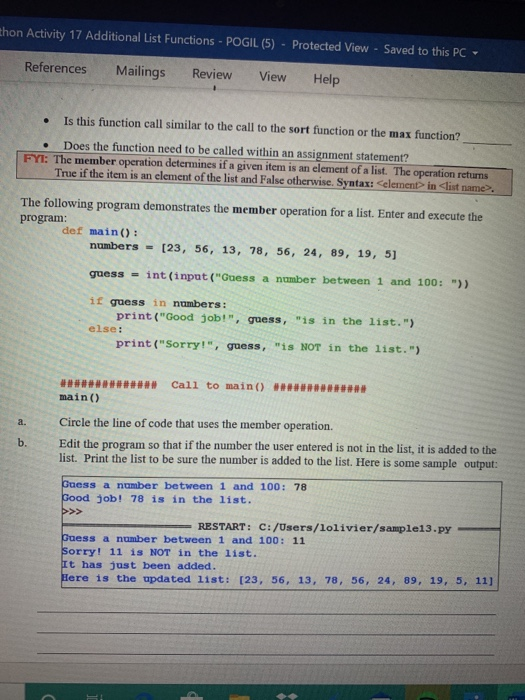 Solved Python Activity 17 Additional List Functions Pogil