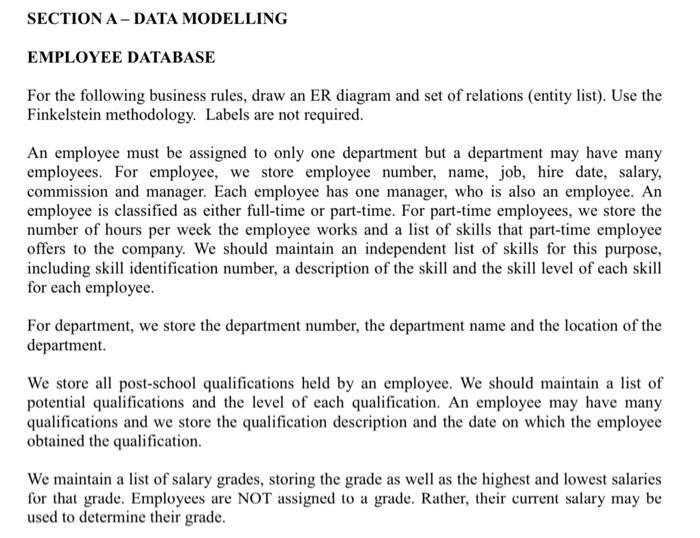 Solved SECTION A-DATA MODELLING EMPLOYEE DATABASE For the | Chegg.com