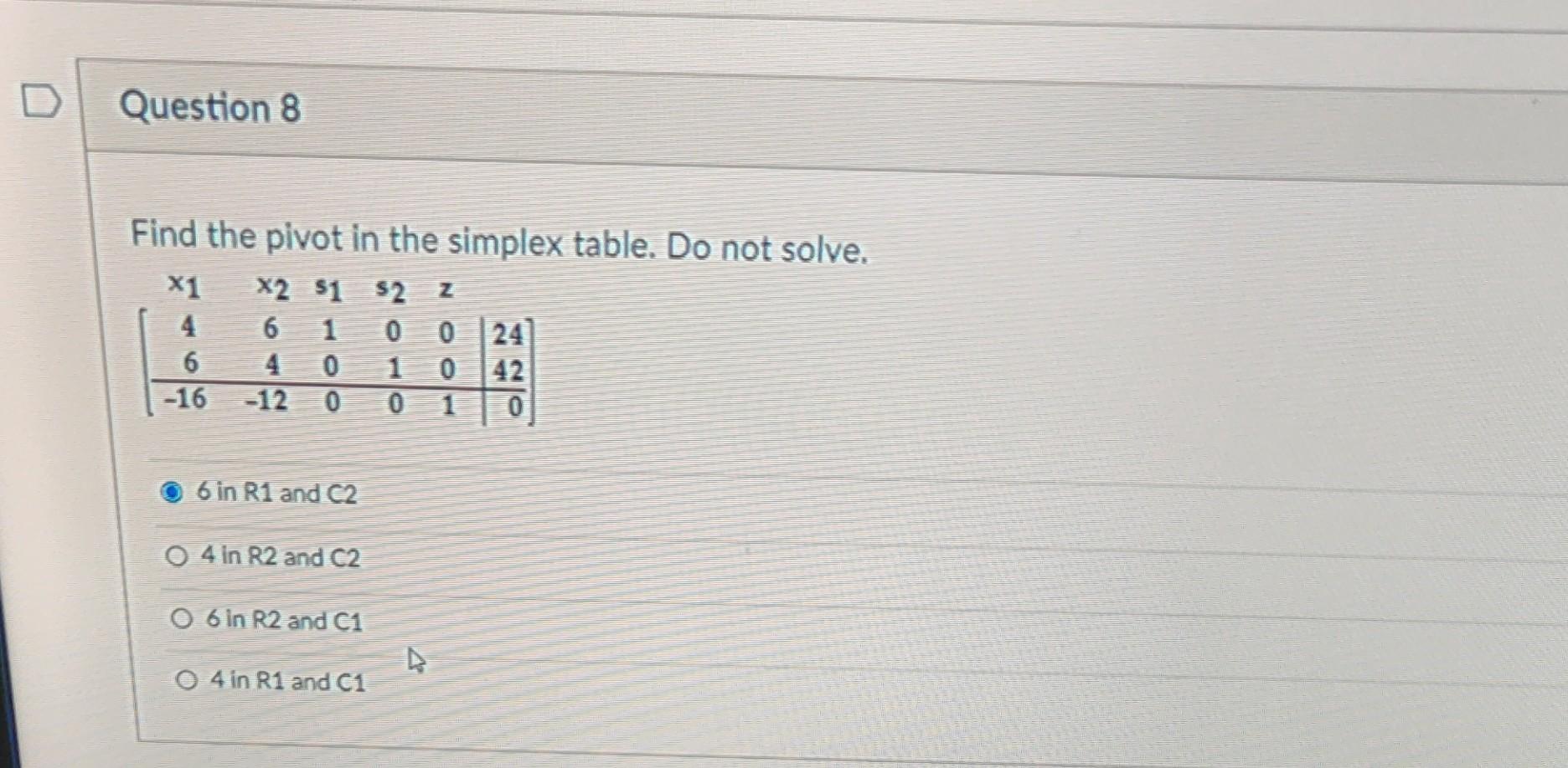 Solved Find the pivot in the simplex table. Do not solve. 6 | Chegg.com