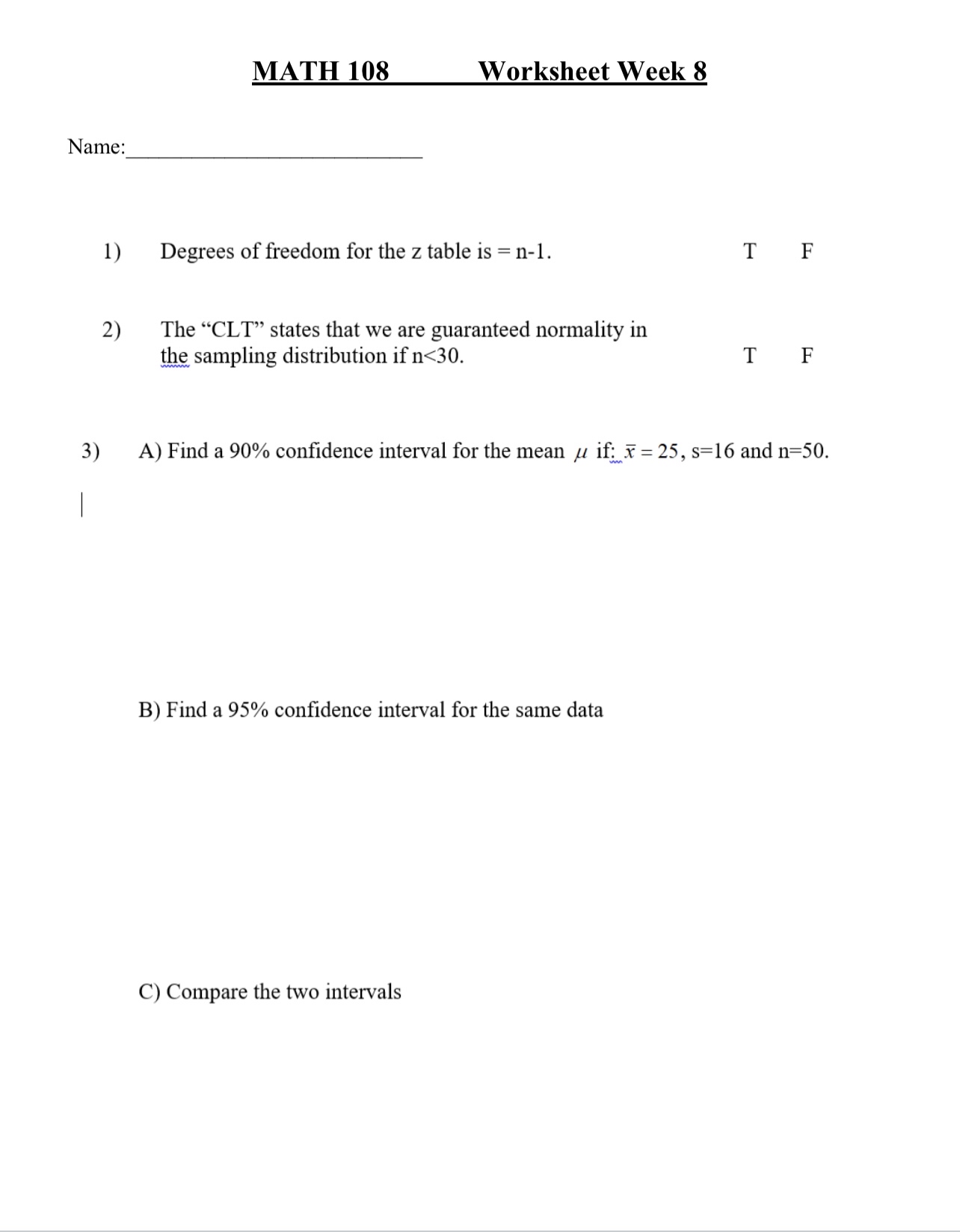 Solved MATH 108Worksheet Week 8Name:Degrees of freedom for | Chegg.com