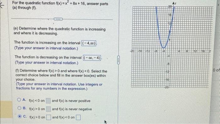 Solved For the quadratic function f(x)=x2+8x+16, answer | Chegg.com