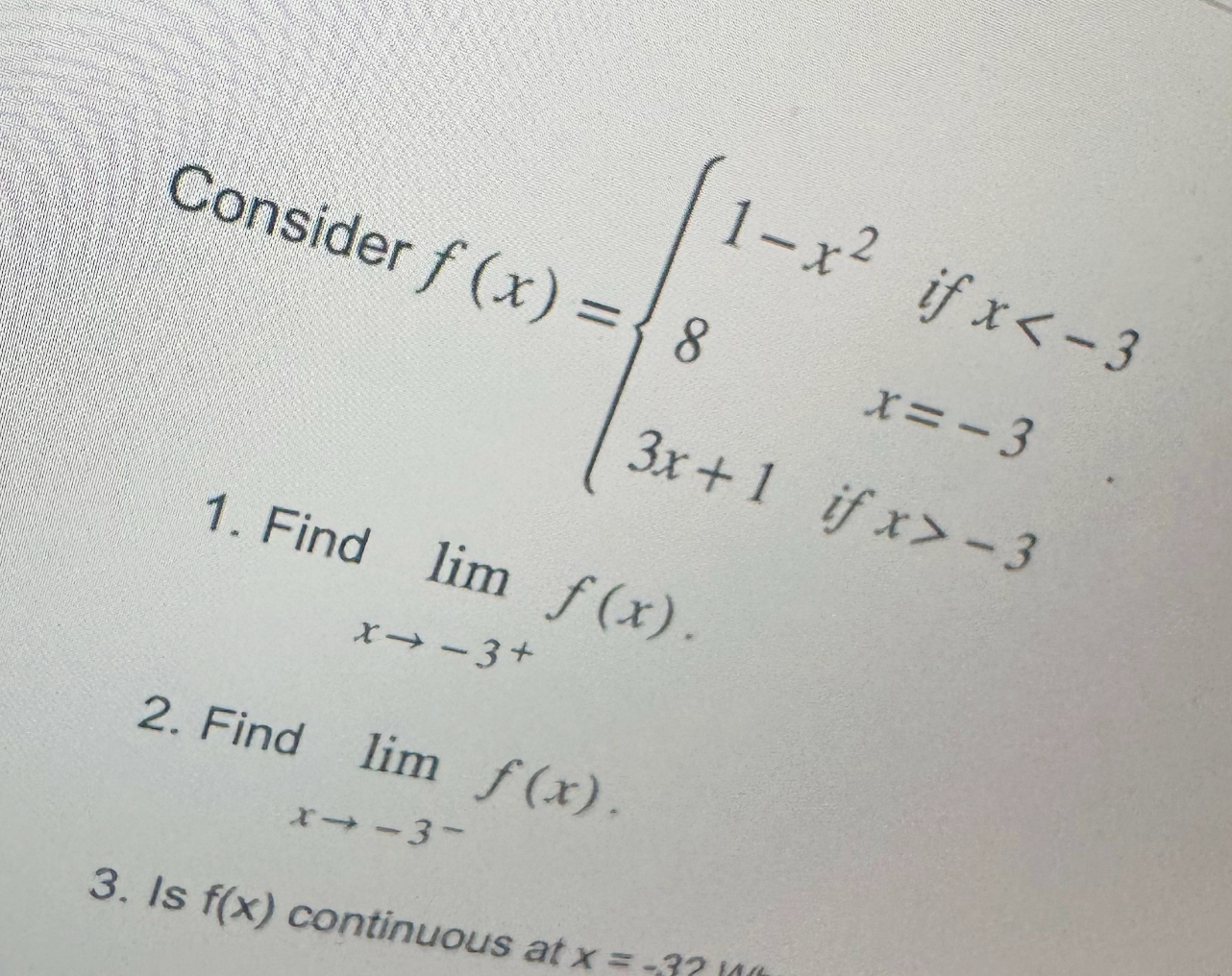 Solved Consider f(x)={1-x2 if x -3Find | Chegg.com