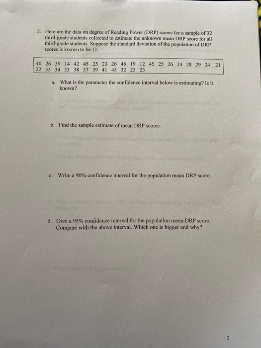 Solved 2. Here are the data on degree of Reading Power (DRP) | Chegg.com