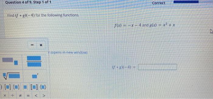 Solved Find (f∘g)(−4) for the following functions. f(x)=−x−4 | Chegg.com