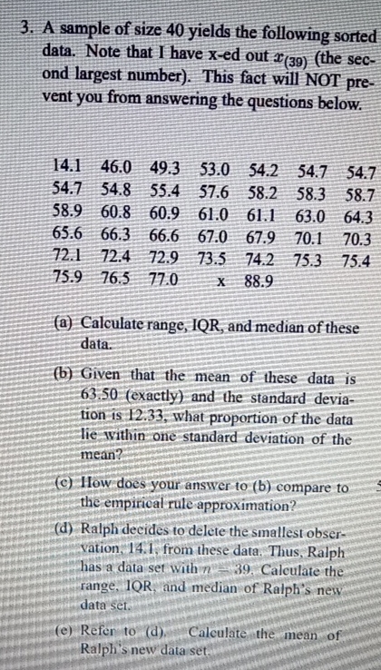 Solved Q1A sample of size 40 ﻿yields the following sorted | Chegg.com