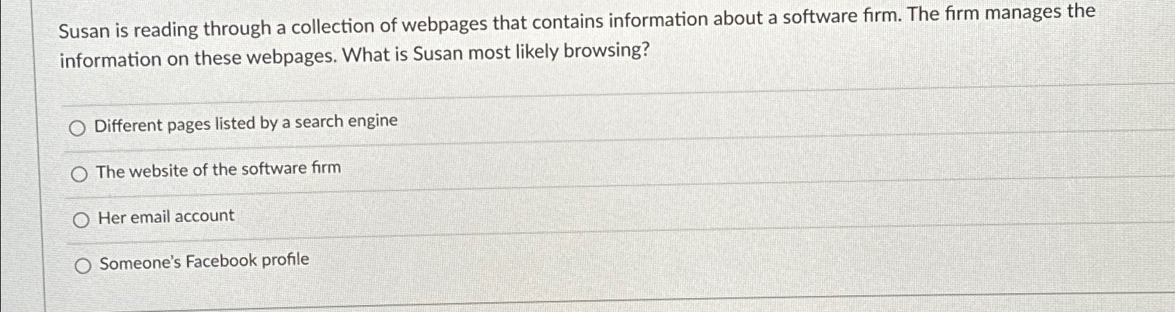 Solved Susan is reading through a collection of webpages | Chegg.com