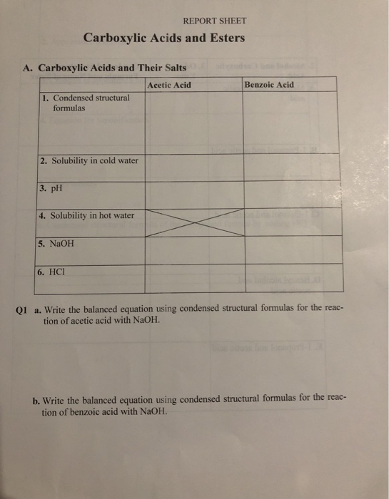 Solved REPORT SHEET Carboxylic Acids and Esters de A. | Chegg.com