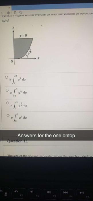 Solved axis? π∫02x3dxπ∫08y32dyπ∫08y31dyπ∫02x6dx | Chegg.com