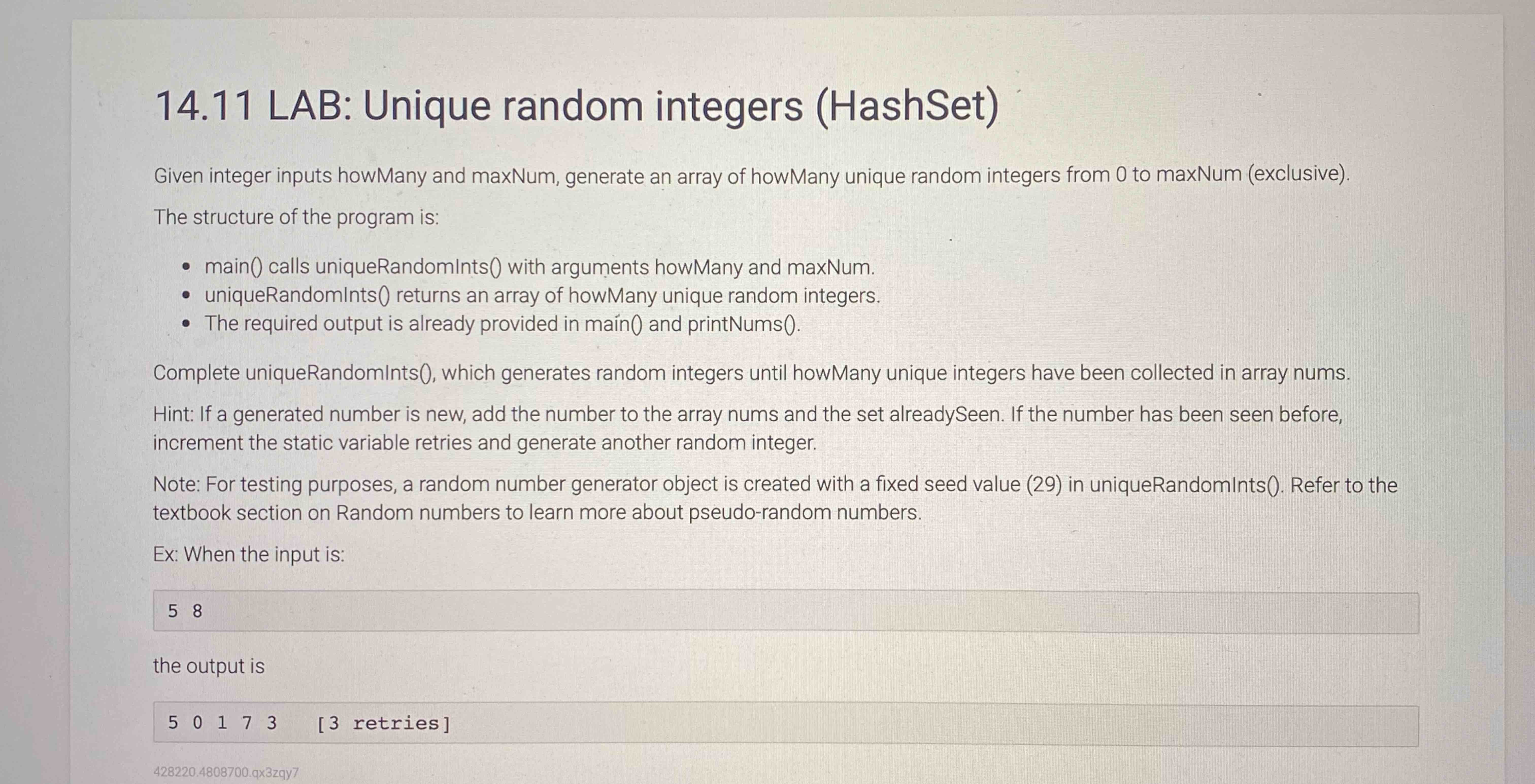 Solved 14.11 ﻿LAB: Unique random integers (HashSet)Given | Chegg.com