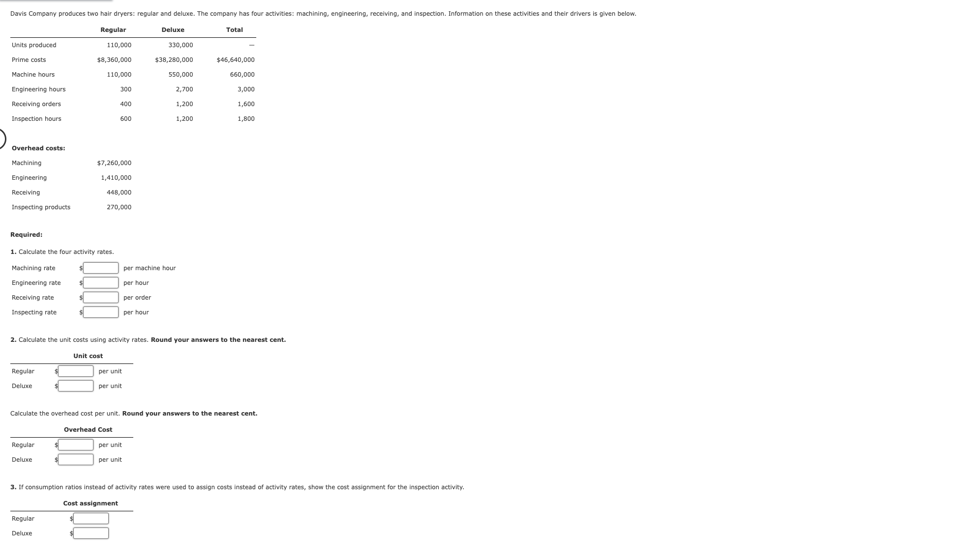 Solved Overhead costs:Calculate the unit costs using | Chegg.com
