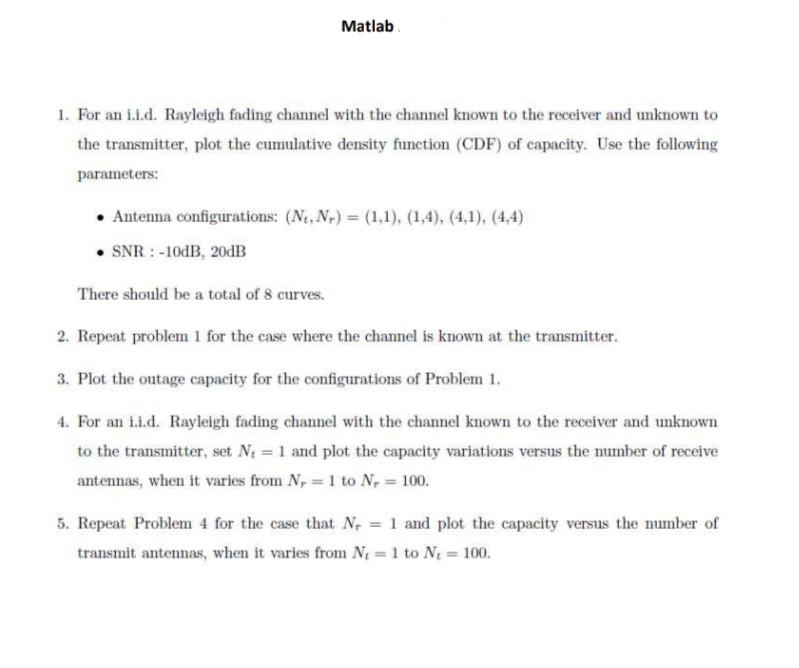Matlab 1. For an i.i.d. Rayleigh fading channel with | Chegg.com