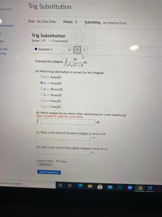 Solved Trig Substitution Due No Due Date Points 5 Submitting | Chegg.com