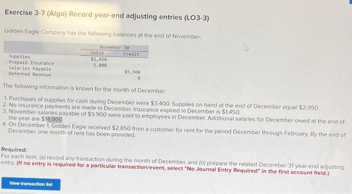 Solved Exercise 3-7 (Algo) Record year-end adjusting entries | Chegg.com