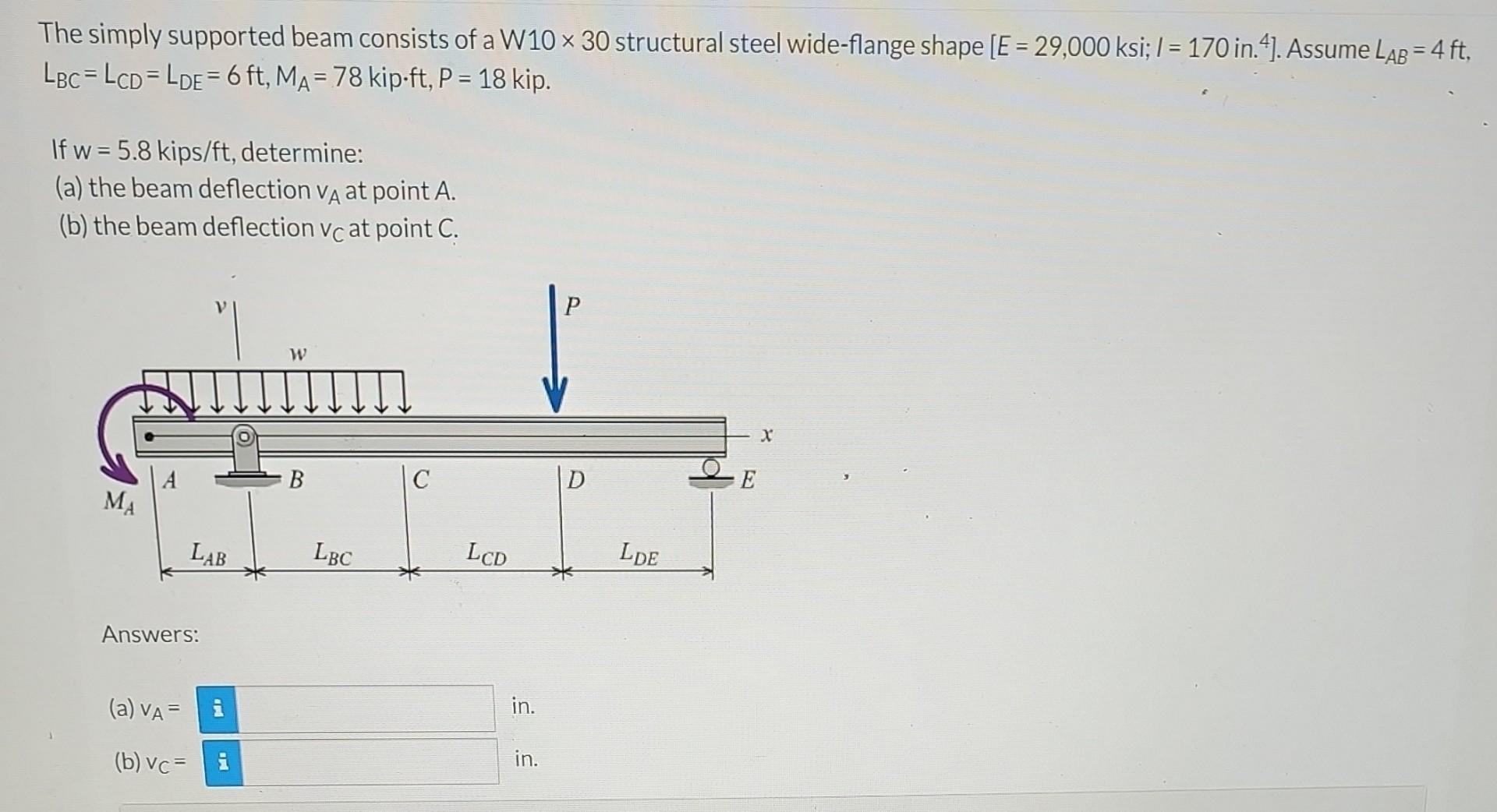 Solved The simply supported beam consists of a W10 × 30 | Chegg.com