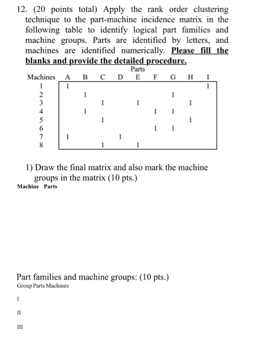 Solved 12. (20 points total) Apply the rank order clustering | Chegg.com
