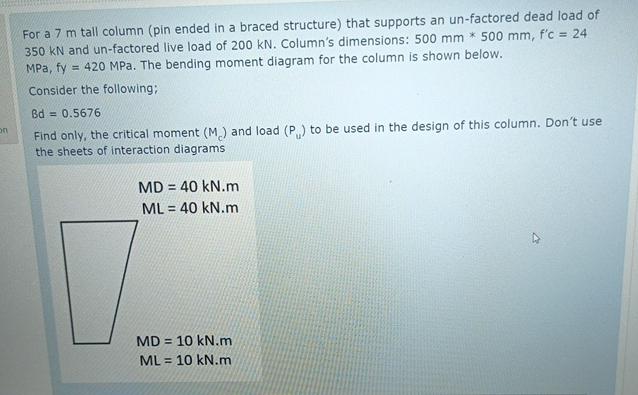 Solved For a 7m ﻿tall column (pin ended in a braced | Chegg.com