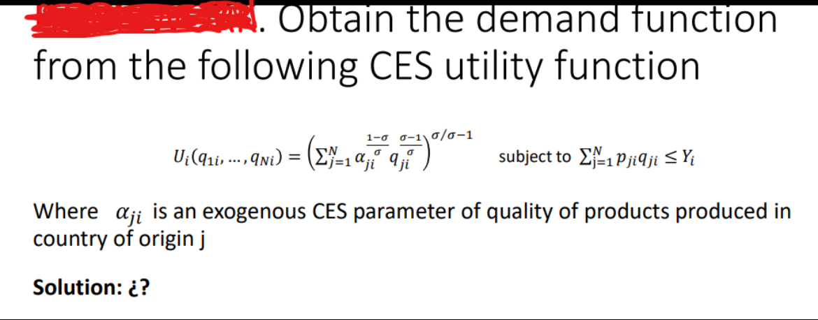 Solved . ﻿Obtain the demand function from the following CES | Chegg.com