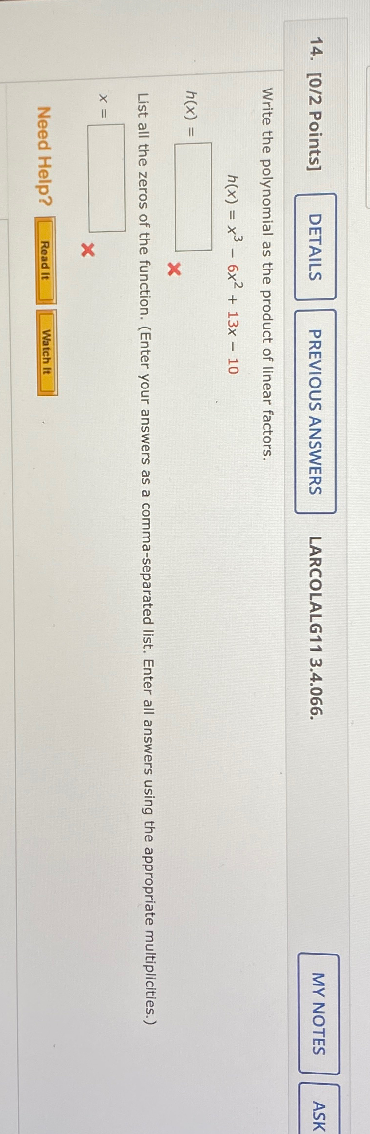 Solved [0/2 ﻿Points]LARCOLALG11 3.4.066.Write the polynomial | Chegg.com