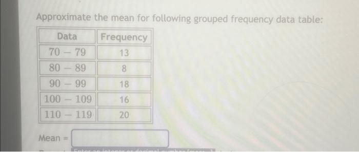 Solved Approximate the mean for following grouped frequency | Chegg.com