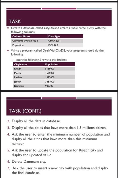 Solved TASK Create a database called CityDB and create a | Chegg.com
