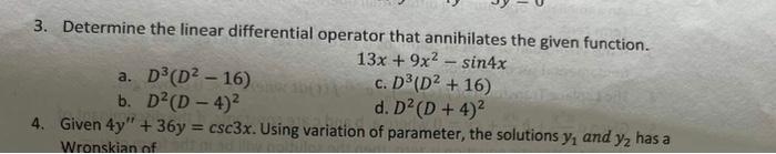 Solved 3. Determine the linear differential operator that | Chegg.com