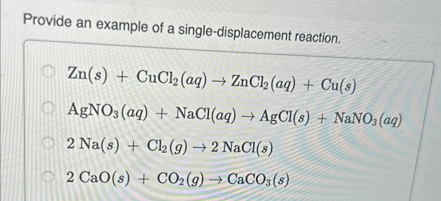 Solved Provide an example of a single-displacement | Chegg.com
