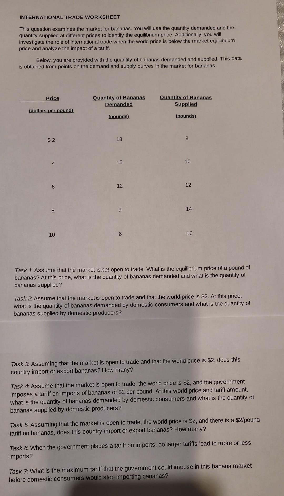 Solved INTERNATIONAL TRADE WORKSHEET This question examines | Chegg.com