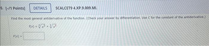 Solved 5. [-/1 Points ] SCALCET9 4.XP.9.009.MI. Find the | Chegg.com