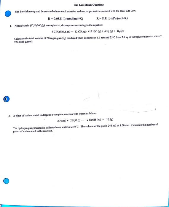 Solved Gas Law Stoich Questions Use Stoichiometry and be | Chegg.com