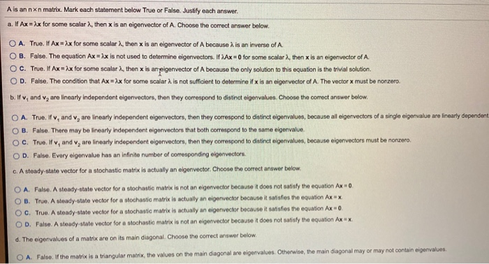Solved A is an nxn matrix. Mark each statement below True or | Chegg.com