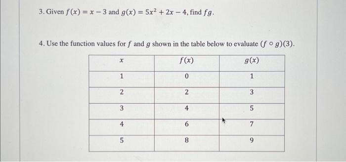 Solved 3. Given f(x)=x−3 and g(x)=5x2+2x−4, find fg. 4. Use | Chegg.com