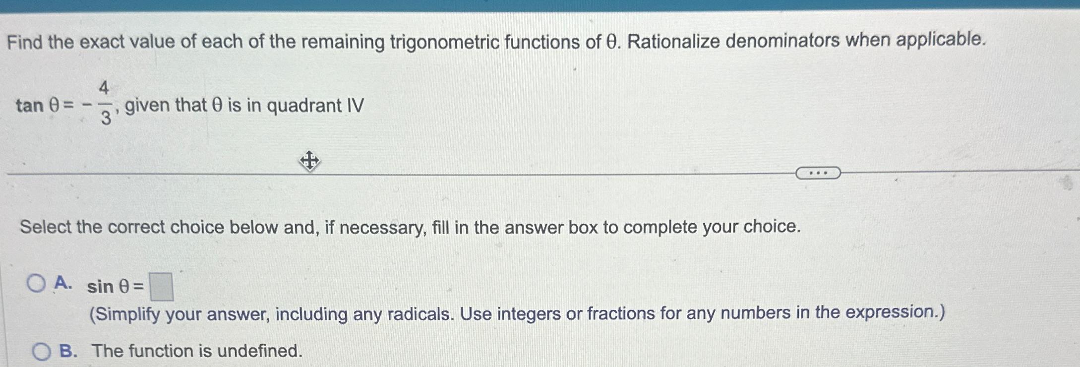 Solved Find the exact value of each of the remaining | Chegg.com