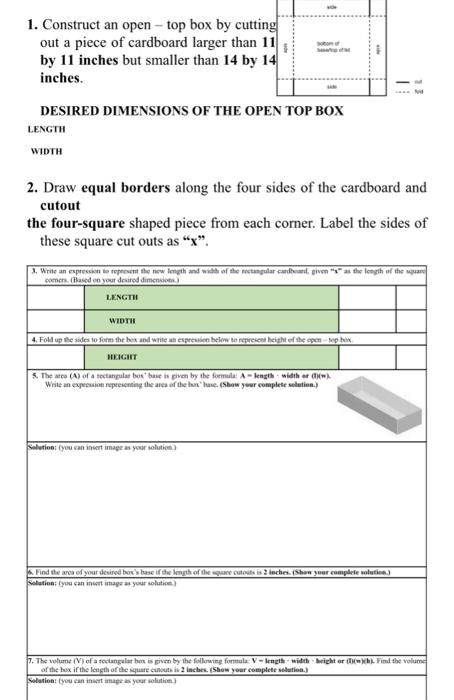Solved DESIRED DIMENSIONS OF THE OPEN TOP BOX LENGTH พIDTH | Chegg.com
