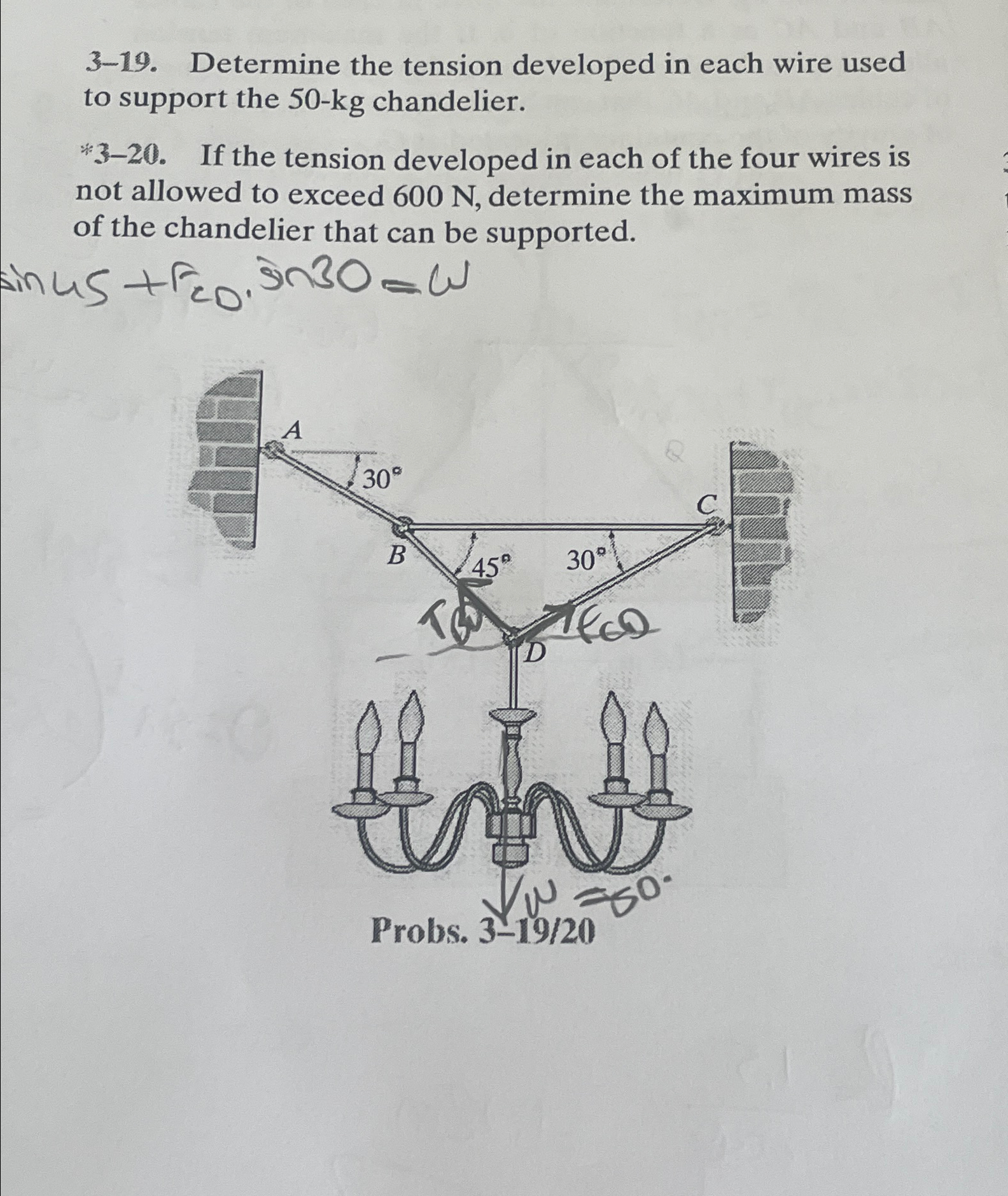 Solved 3-19. ﻿Determine the tension developed in each wire | Chegg.com
